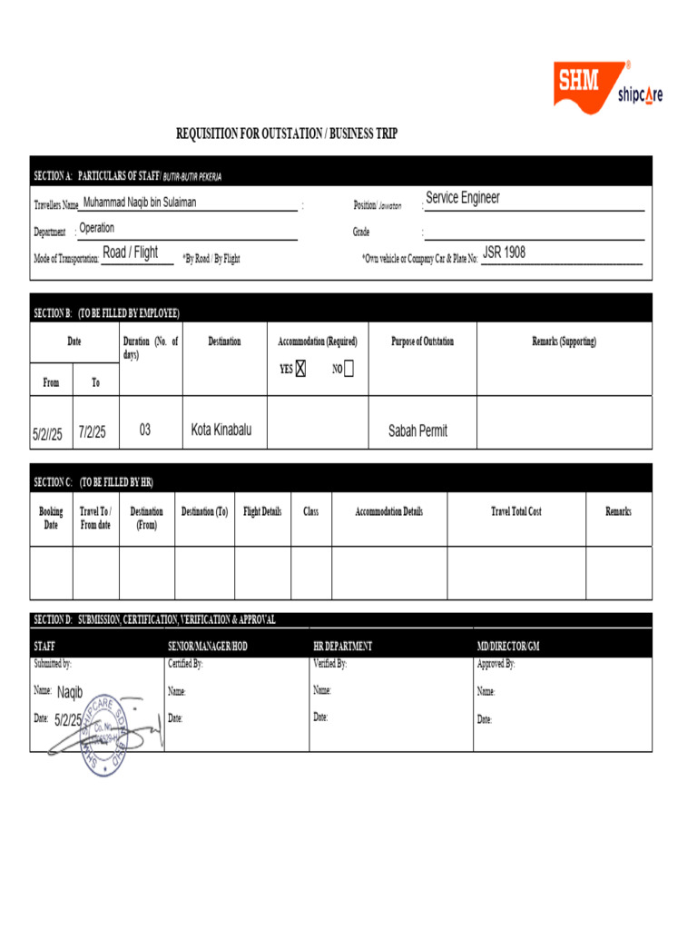 Staff Outstation Form 2024 - Naqib | PDF