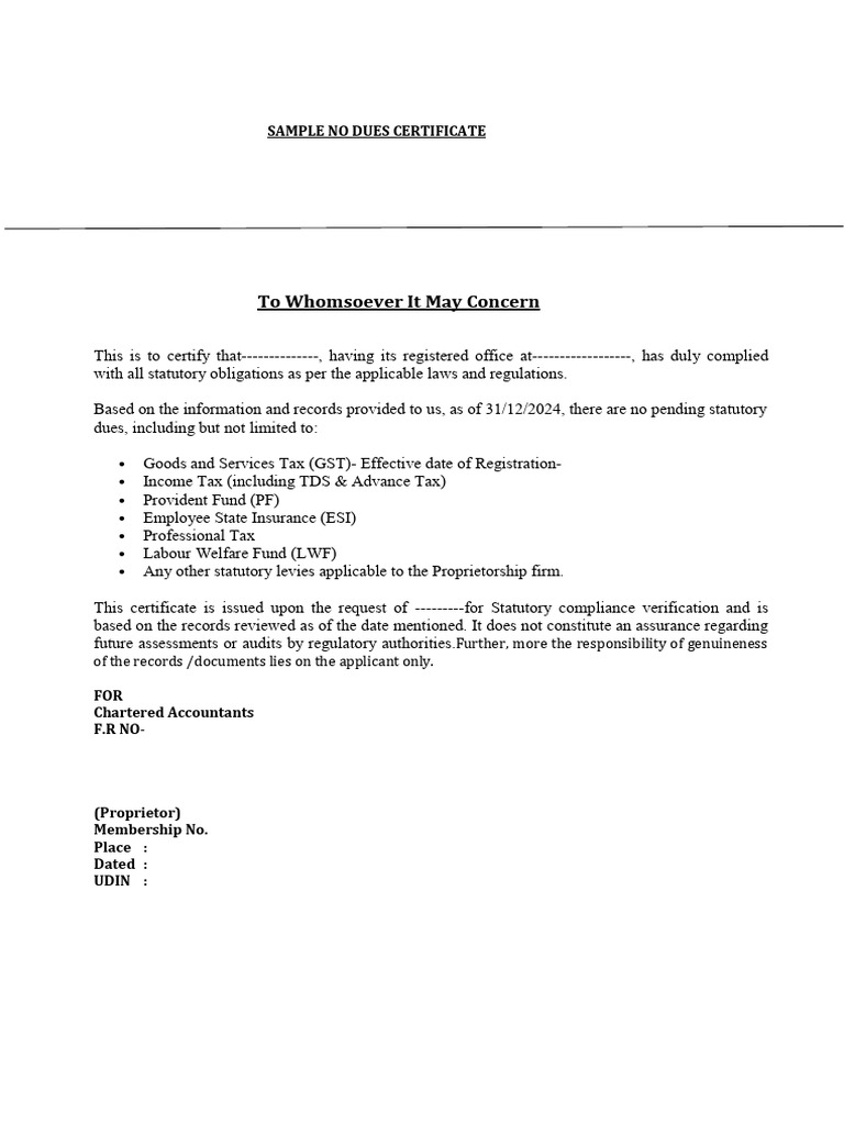 No Dues Certificate for Statutory Compliance | PDF