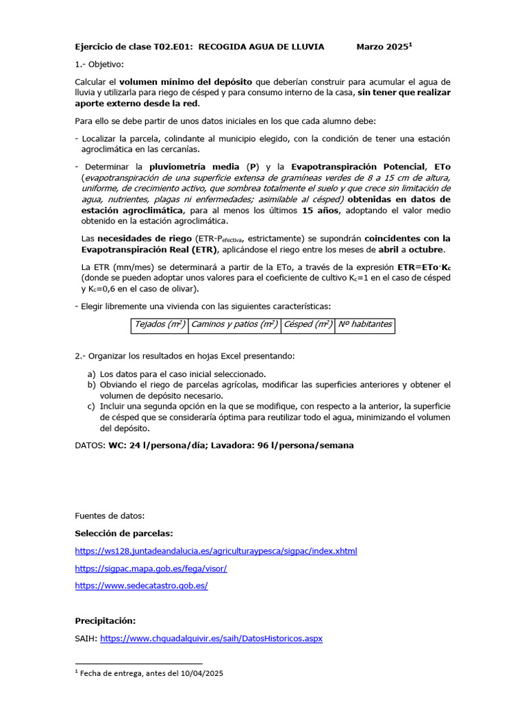 Ejerc T02.e02 Captación Agua de Lluvia | PDF | Evapotranspiración | Lluvia