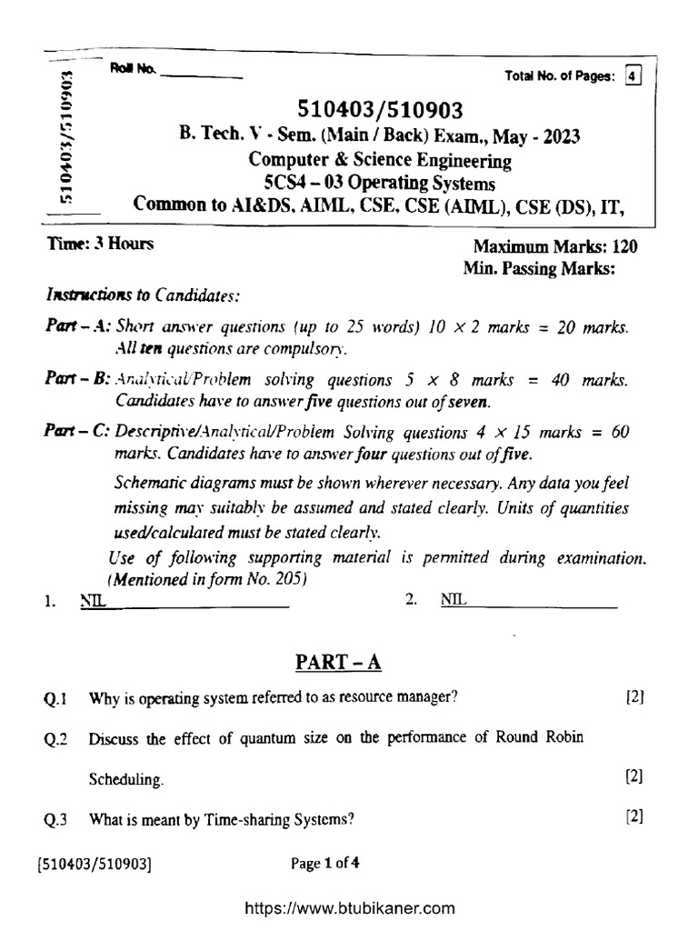 Btech Cs Aids Aiml Csds It 5 Sem Operating Systems 510403 May 2023 | PDF