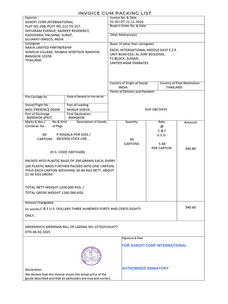 Invoice for Masala HS Code 33074100 | PDF | Business Documents