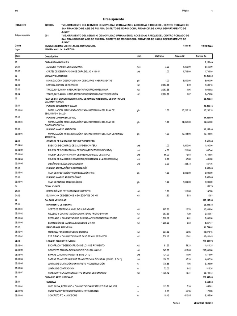 Presupuesto Movilidad Urbana Morococha | PDF