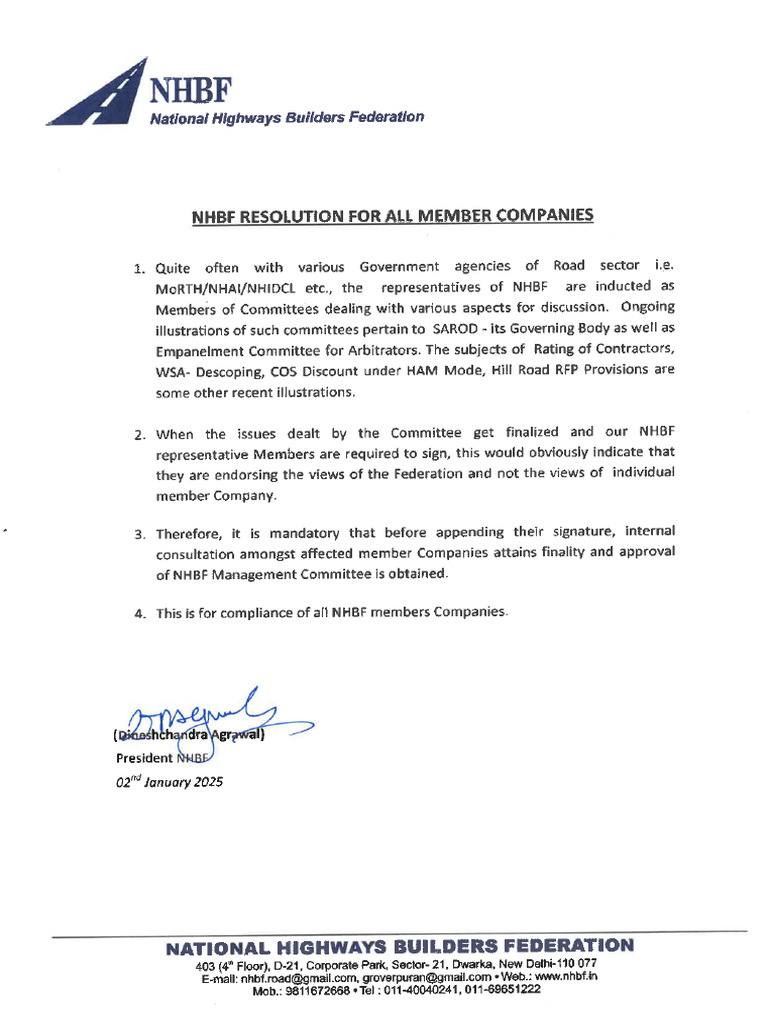 NHBF Resolution For All Member Companies 02.01.2025 | PDF