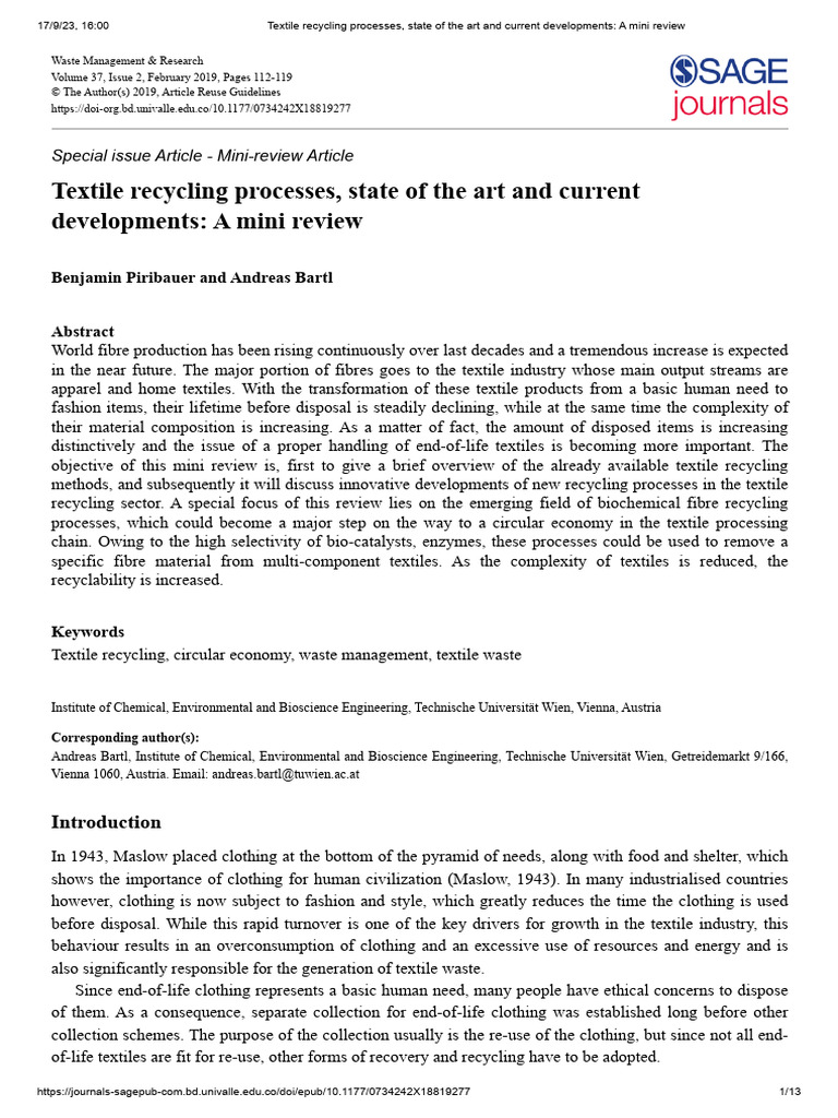 Textile Recycling Processes, State of The Art and Current Developments - A Mini Review | PDF ...