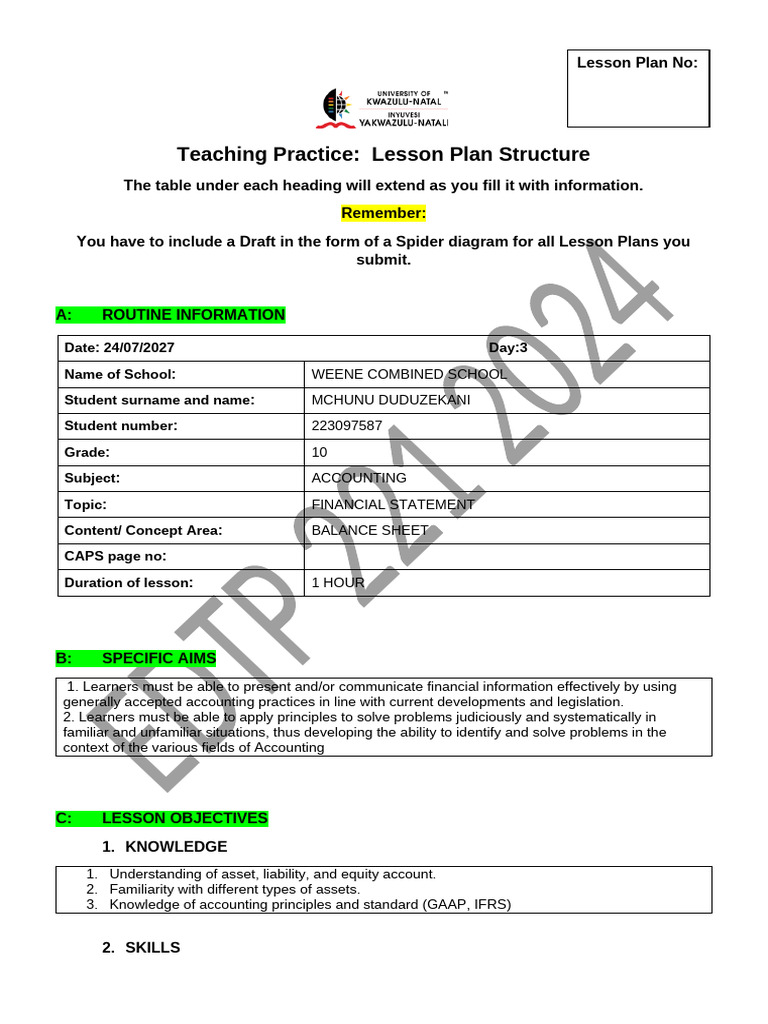 balance sheet lesson plan | PDF | Balance Sheet | Corporations