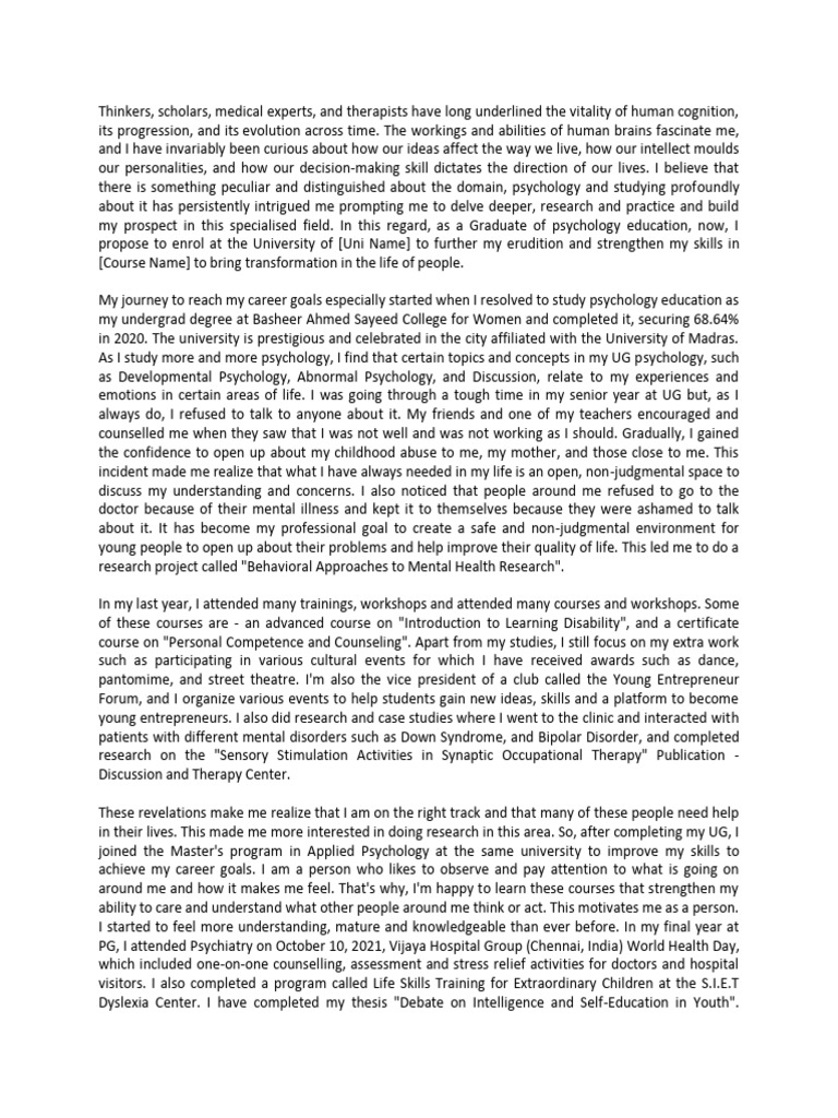 Sample SOP - Psychotherapy | PDF | Psychotherapy | Psychology