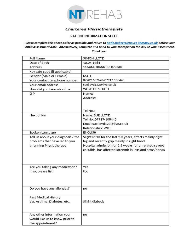 Patient Information Sheet for Assessment | PDF