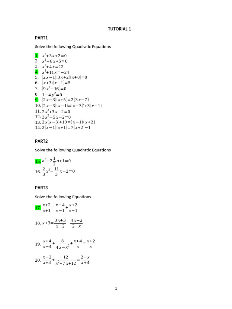 Quadratic and Equation Solving Tutorial | PDF