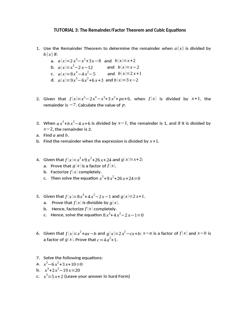 TUTORIAL 3 RemainderFactor Theorem Cubic Equations | PDF