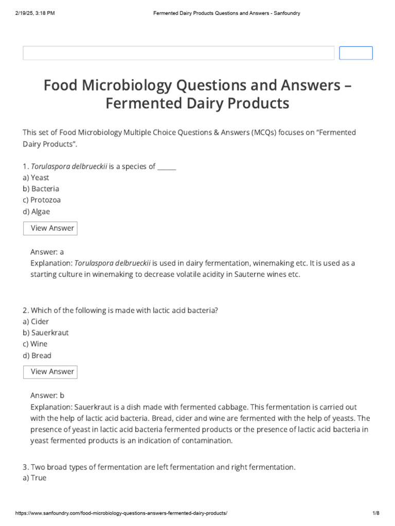 Fermented Dairy Products MCQs Guide | PDF | Fermentation | Yeast