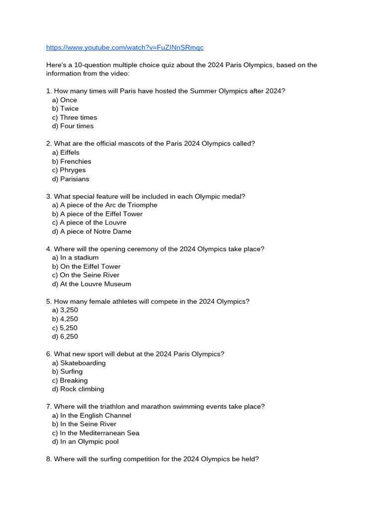 2024 Paris Olympics Quiz Questions | PDF