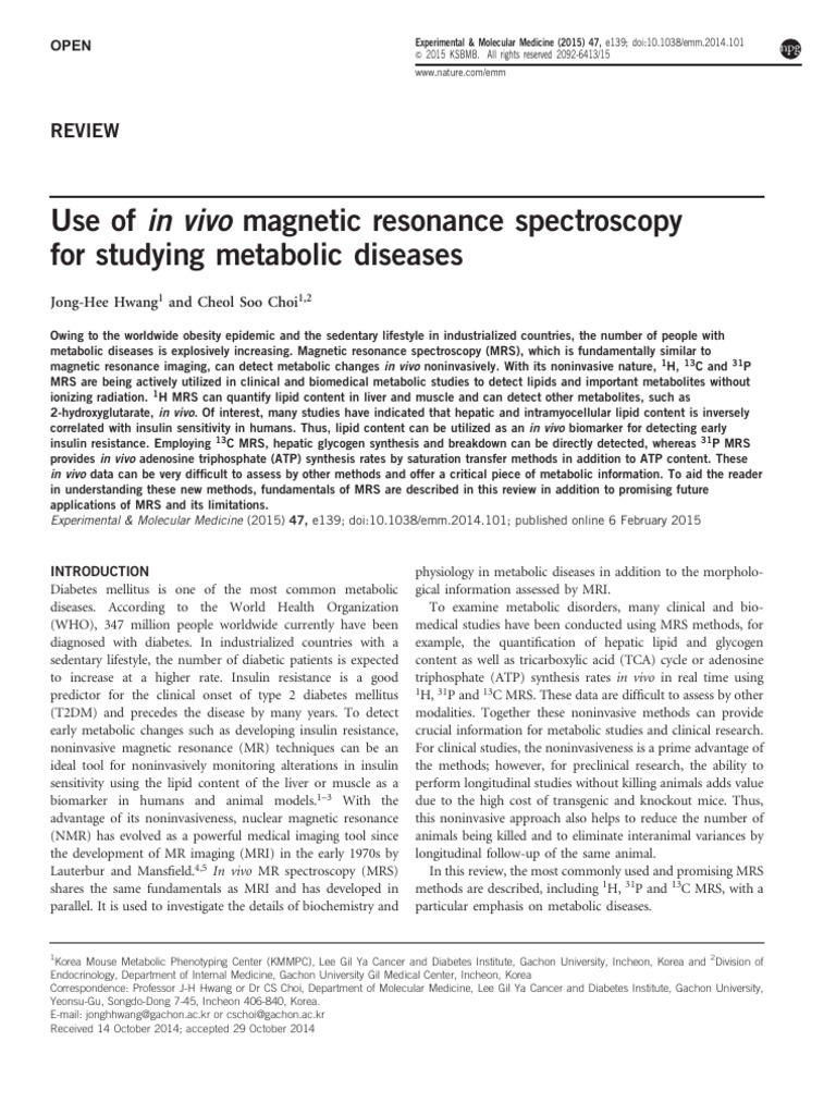 In Vivo MRS for Metabolic Disease Insights | PDF | Magnetic Resonance ...