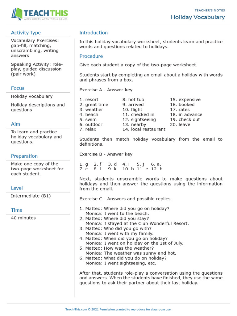 Holiday Vocabulary Worksheet | PDF