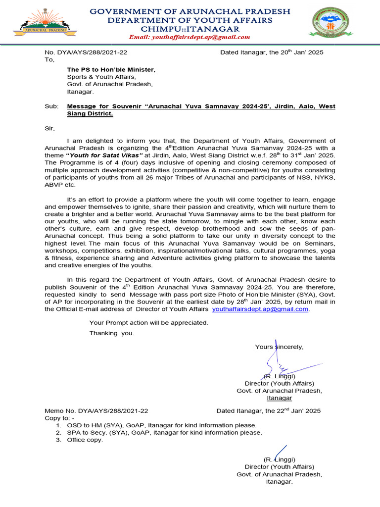 Arunachal Yuva Samanvay 2024-25 Souvenir | PDF