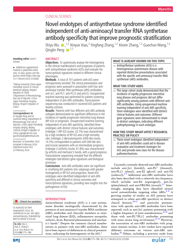 Novel Endotypes of Antisynthetase Syndrome Identified | PDF | C ...
