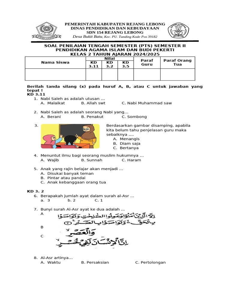Soal PTS Genap Kelas 2 Ta 2024 2025 | PDF