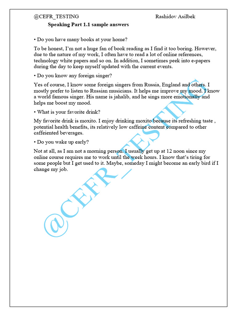 Speaking Part 1.1 - Speaking Sample | PDF