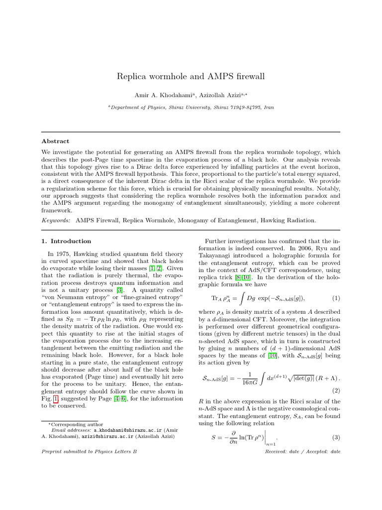 Replica wormhole and AMPS firewall | PDF | Black Hole | Theory Of ...