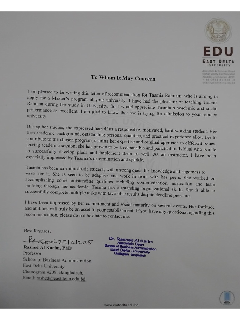 Tasmia Recommendations Letter | PDF