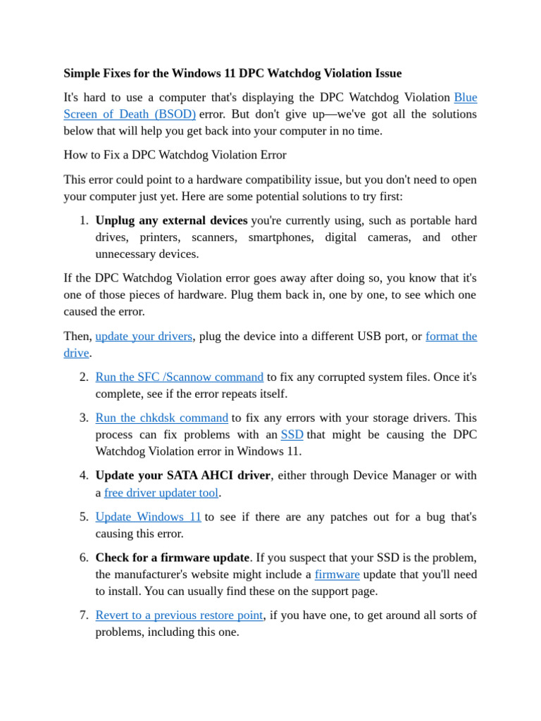 Simple Fixes For The Windows 11 DPC Watchdog Violation Issue | PDF | Microsoft Windows | Software