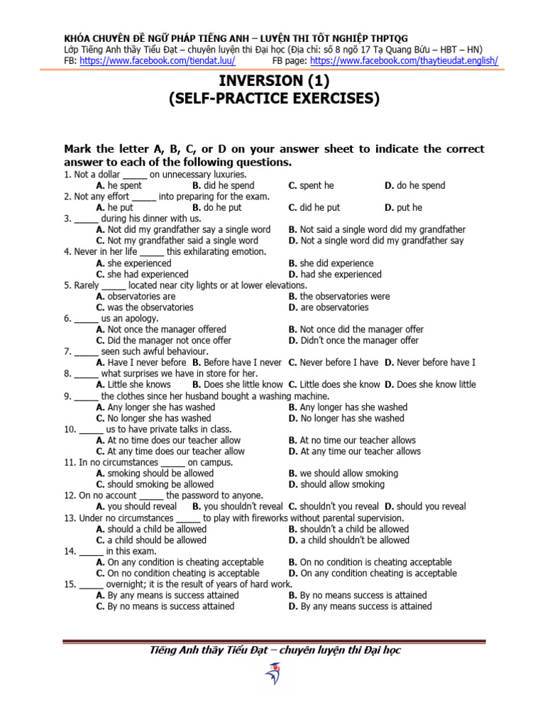 Inversion Exercises for English Exam Prep | PDF