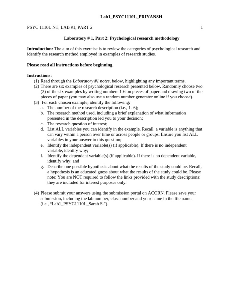 Lab1 Psyc1110l Priyansh + Graded | PDF | Experiment | Scientific Method