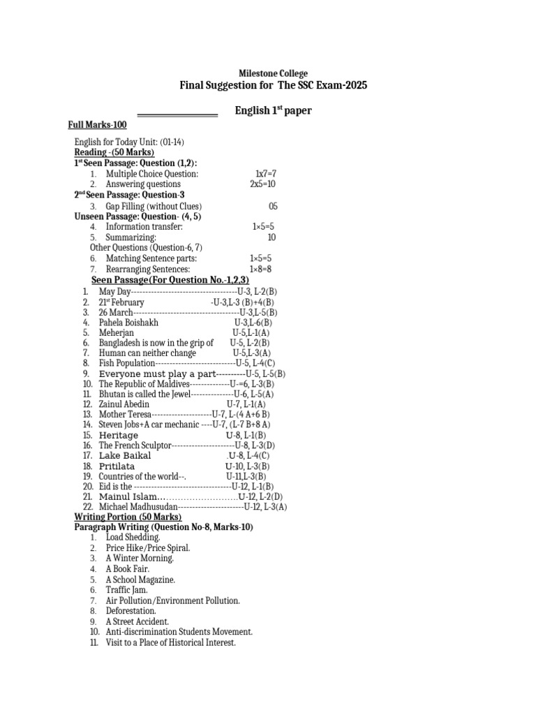 SSC 2025 English Exam Suggestions | PDF