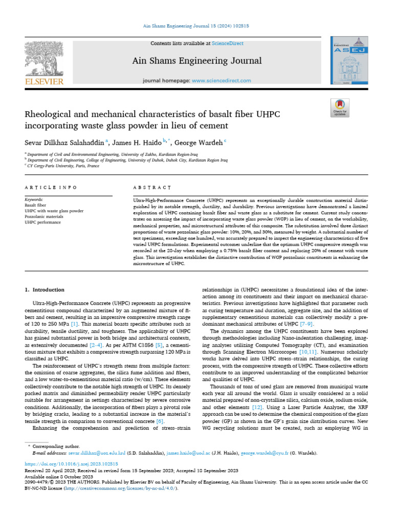 Basalt Fiber UHPC with Waste Glass Powder | PDF | Concrete | Strength ...