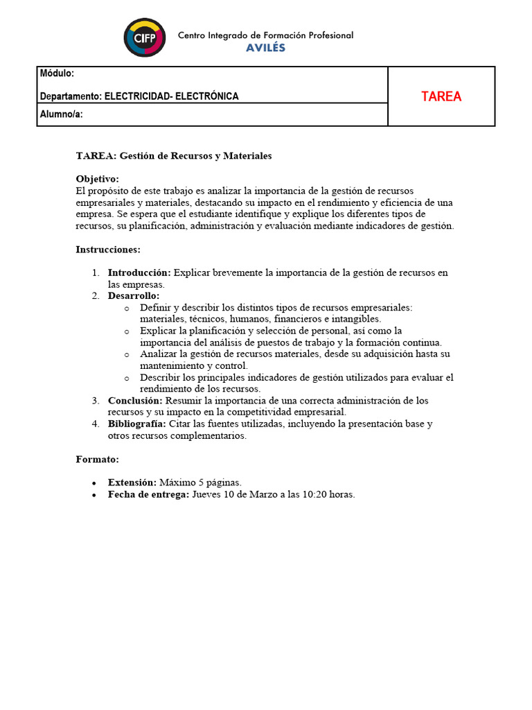 Tarea U.T.5 - Gestión de Recursos y Materiales | PDF