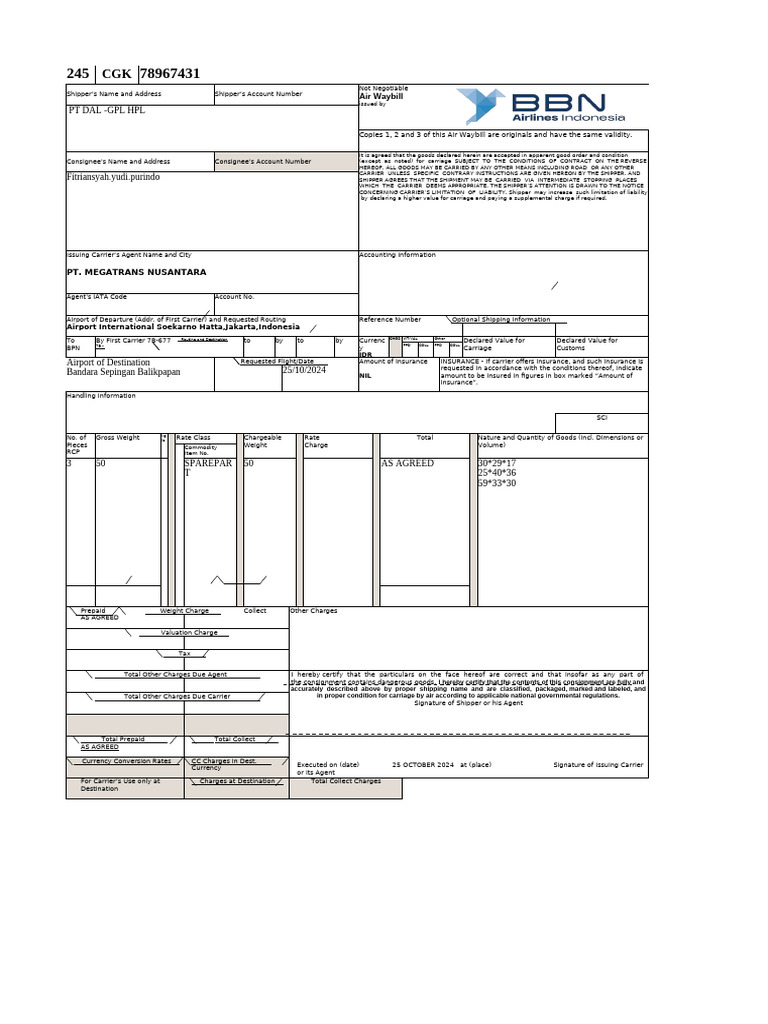 Air Waybill for Shipment to BPN | PDF