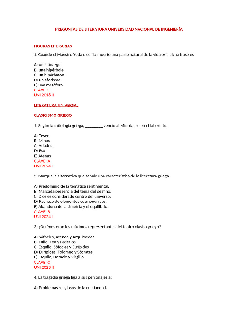 Preguntas de Literatura Universidad Nacional de Ingeniería | PDF | William Shakespeare | Don Quijote