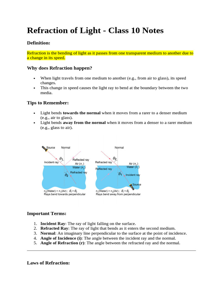 Grade 10 Refraction of Light-Notes | PDF | Refraction | Refractive Index