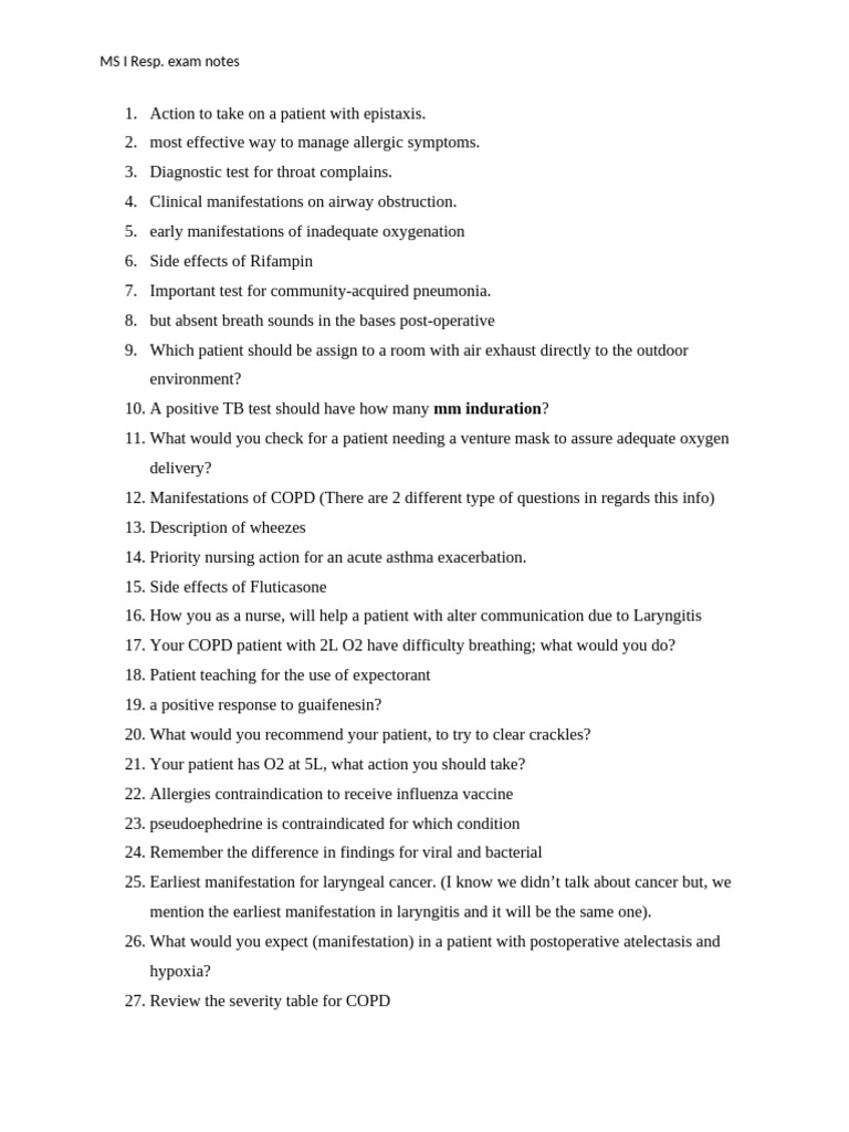 MS I Resp. Exam Notes | PDF