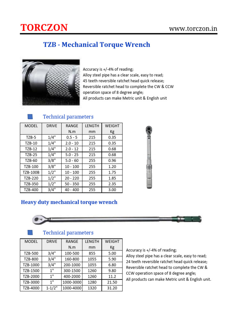 Torque Wrench Specifications Overview | PDF