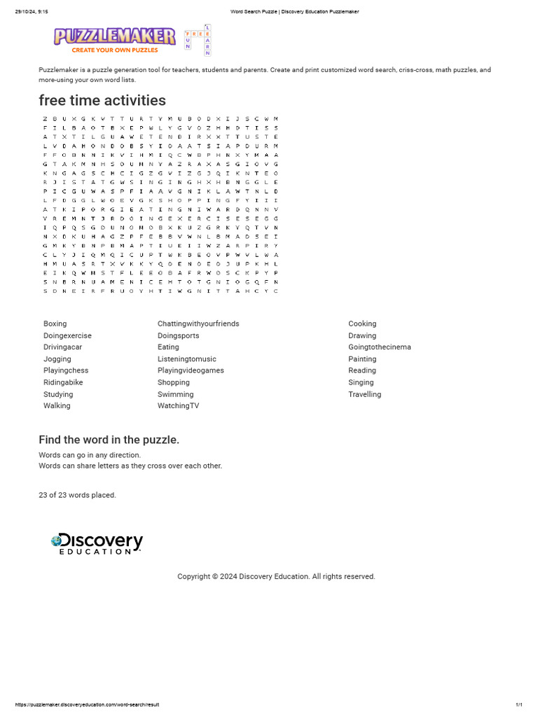 Word Search Puzzle - Discovery Education Puzzlemaker | PDF