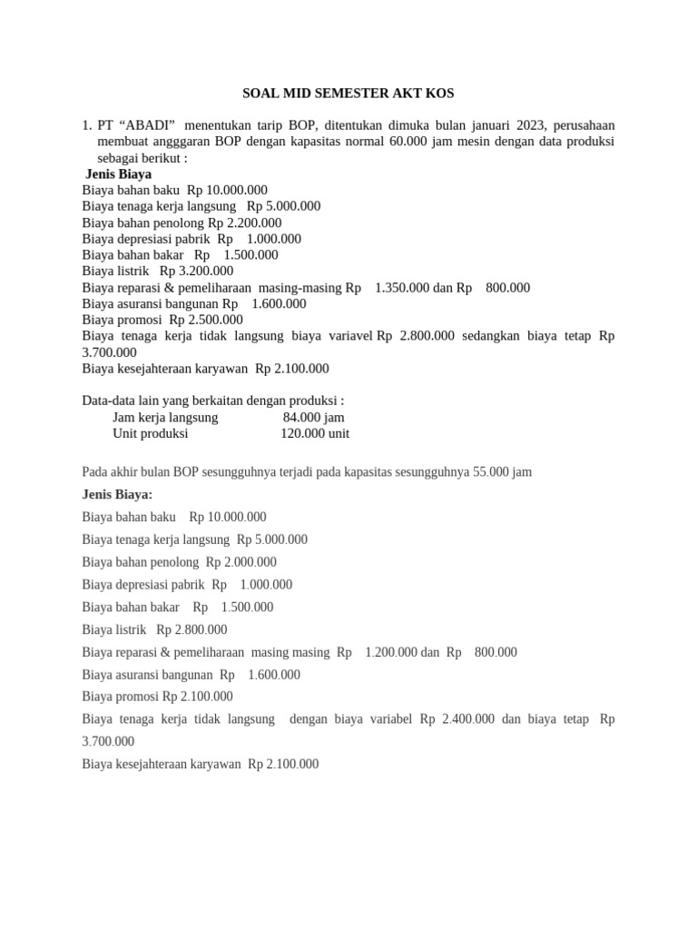 Soal Mid Semester Akt Kos 2024 | PDF