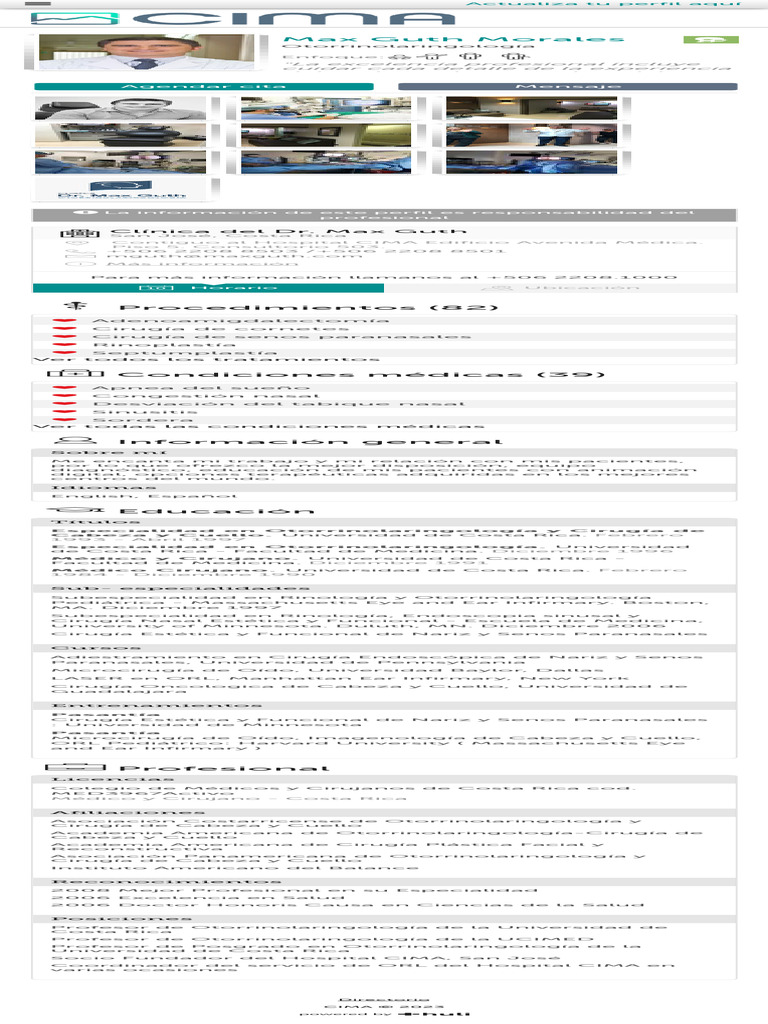 Max Guth Morales - Otorrinolaringología - Hospital CIMA | PDF | Otorrinolaringología | Medicina