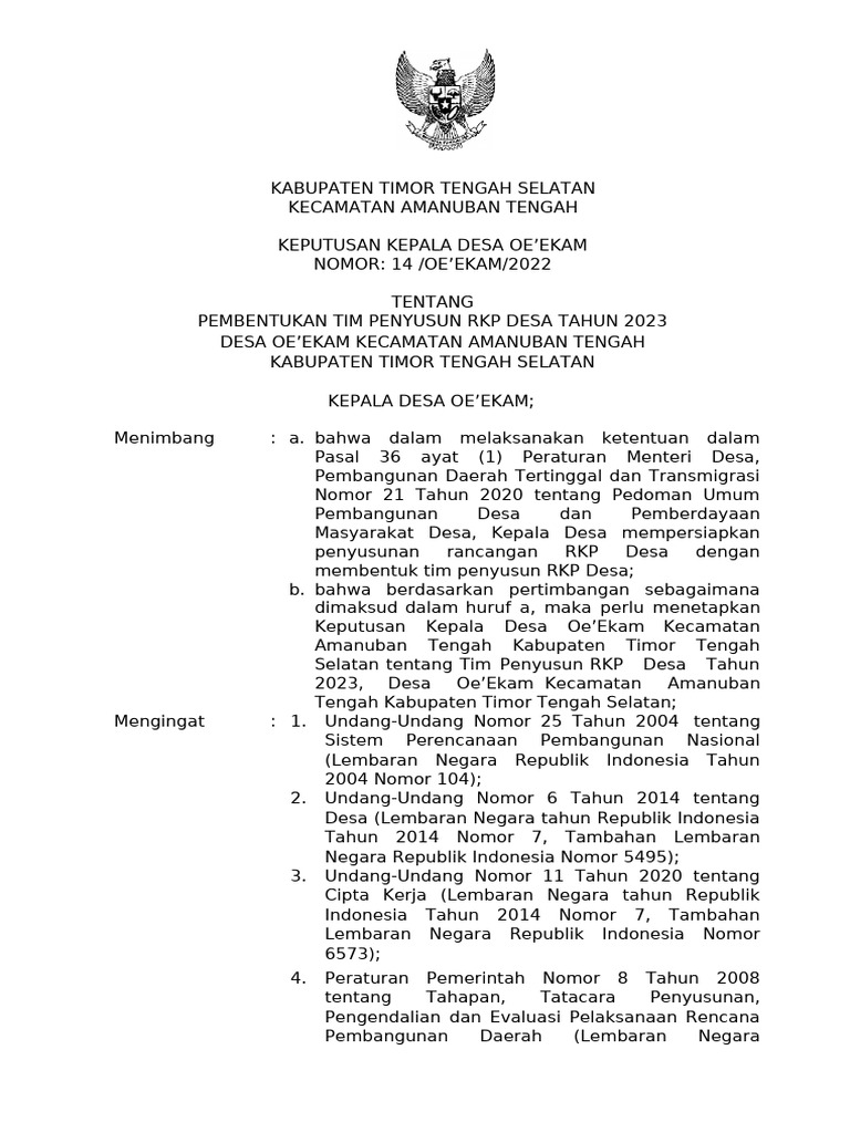 04 Format Keputusan Kepala Desa Tentang Tim Penyusun RKP Desa | PDF