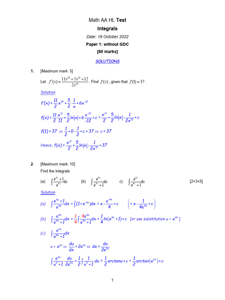 Math 152 Test #1: Integrals Practice | PDF | Mathematical Analysis ...