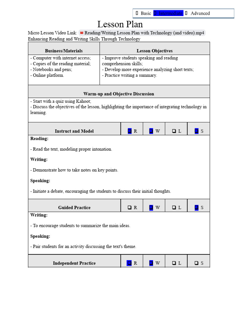 1 - Reading - Writing Lesson Plan With Technology | PDF