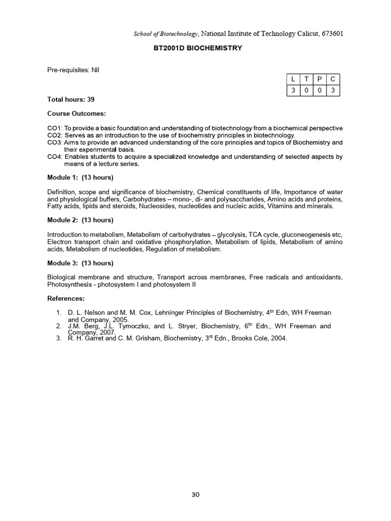 BSc Biotechnology Syllabus: Biochemistry | PDF