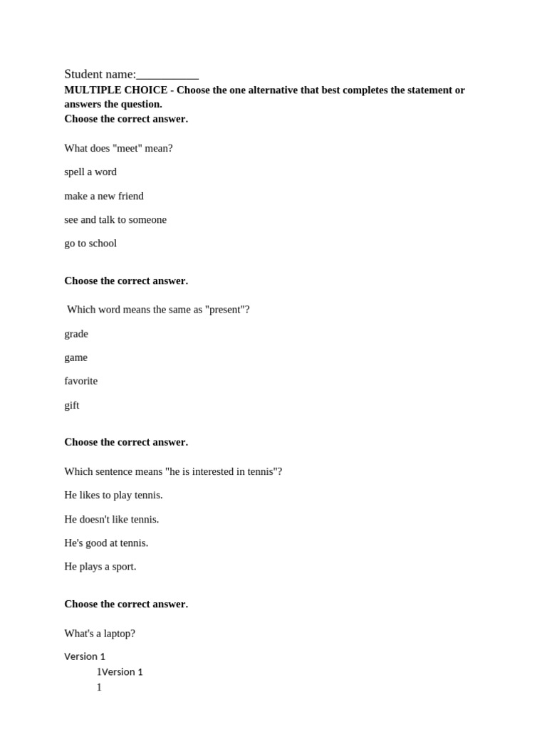 BLOCK 1 TEST FIRST GRADE - Version1 | PDF | Question | Verb