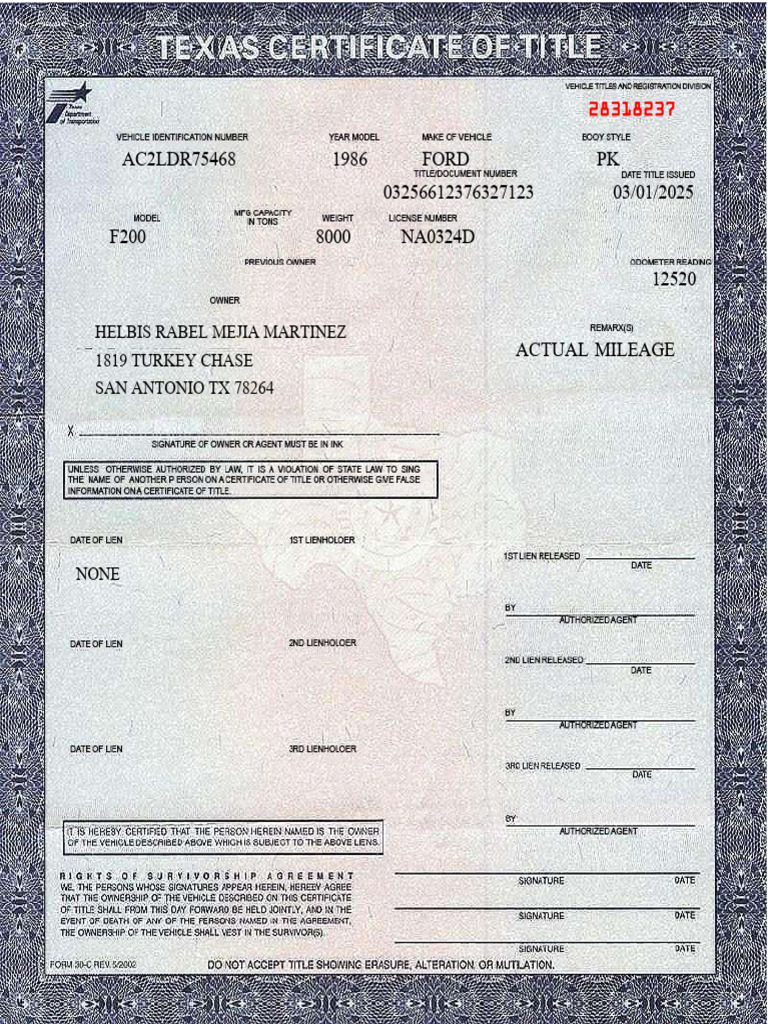 DMV Registration Texas Title Ford 1986 | PDF