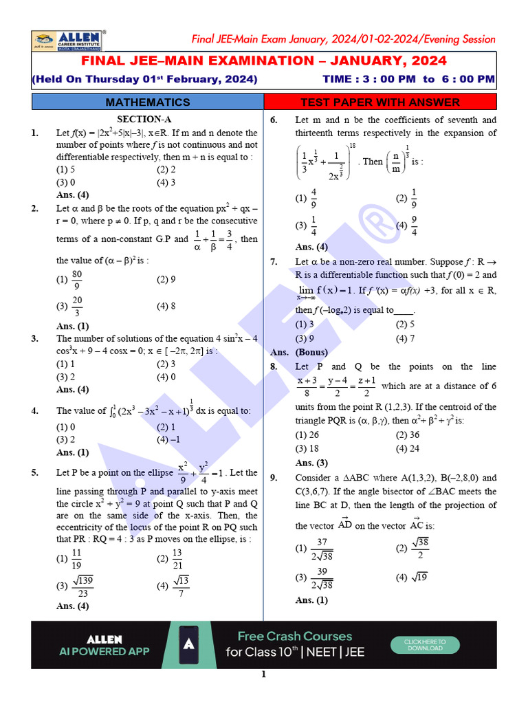 JEE Main 2024 Mathematics Test Paper | PDF | Numbers | Function ...