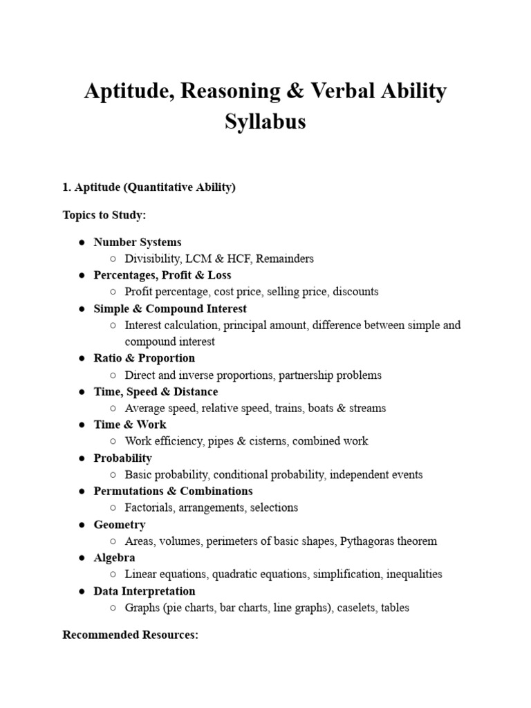 Aptitude, Reasoning & Verbal Ability Syllabus | PDF | Idiom | Mathematics