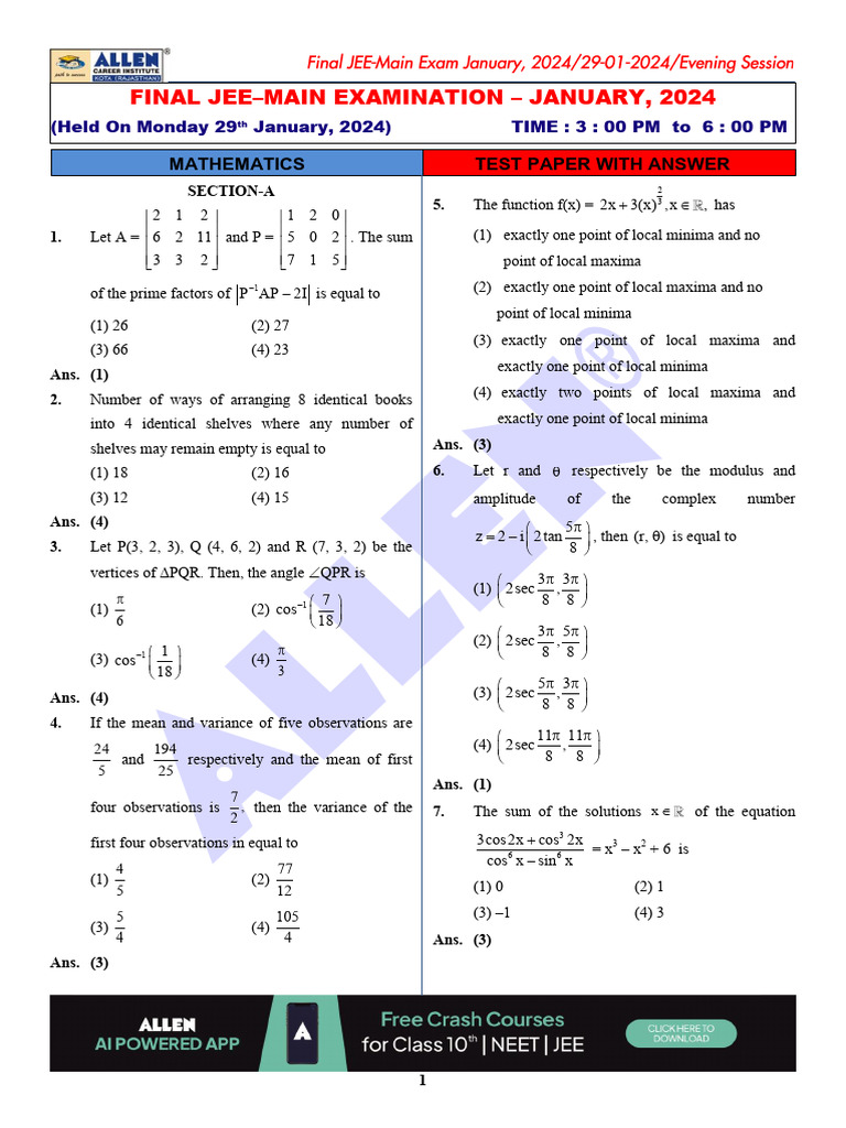 JEE Main 2024 Mathematics Test Paper | PDF | Mathematics | Mathematical ...