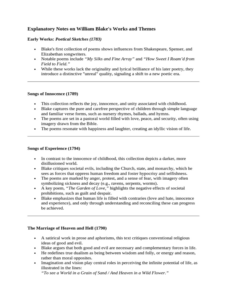 Explanatory Notes On William Blake | PDF | William Blake | Poetry