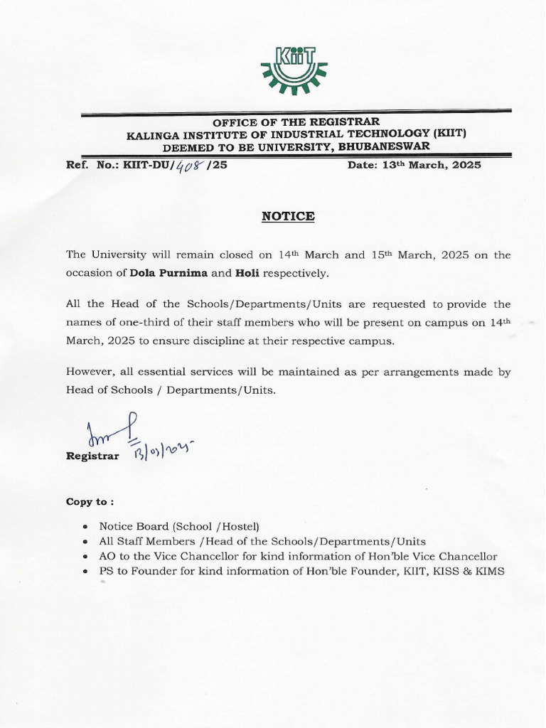 Holiday Notice( Dola Purnima & Holi) | PDF