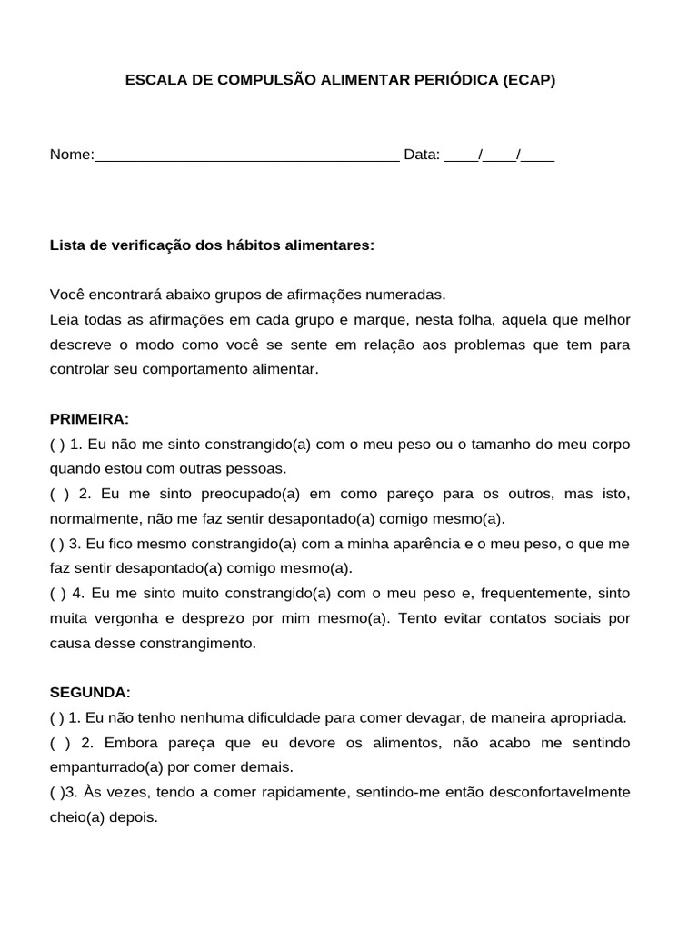 Escala de Compulsão Alimentar | PDF | Alimentos | Pensamento