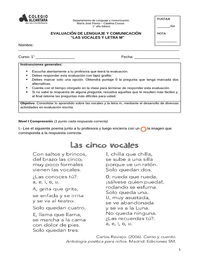 Evaluación de Vocales y Letra M | PDF | Aprendizaje | Comunicación humana